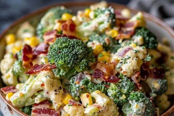 Creamy Broccoli, Cauliflower, Corn, and Bacon Salad – Masters of ...